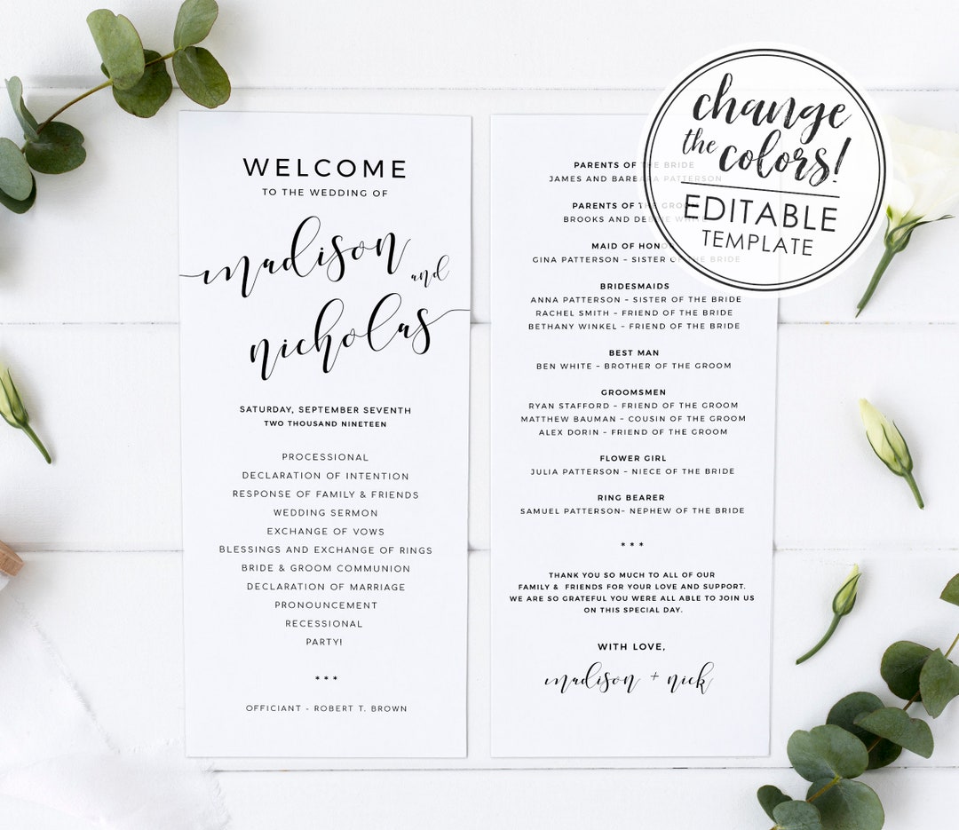 Modern Calligraphy Wedding Program - EDITABLE TEMPLATE - Instant ...