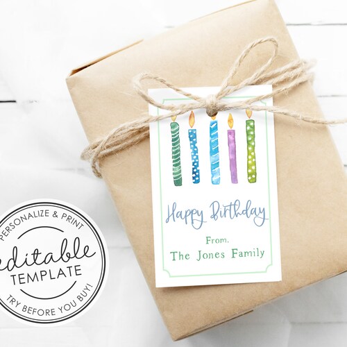 Printable Happy Birthday Gift Tag Template Watercolor Candles - Etsy