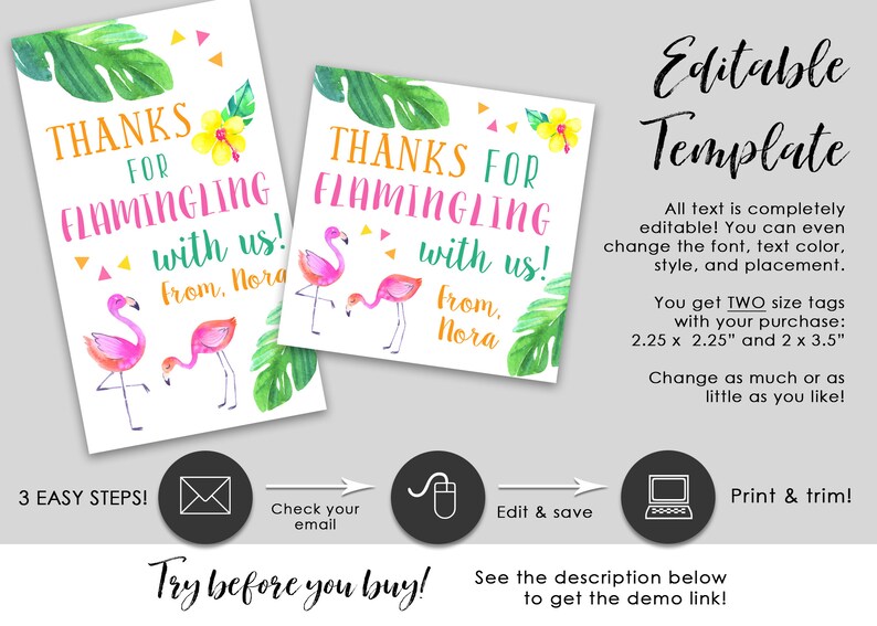Printable Flamingo Birthday Favor Gift Tag EDITABLE TEMPLATE | Etsy