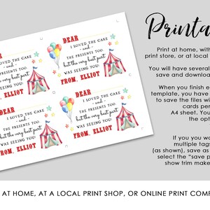 Circus Birthday Thank You Card - EDITABLE TEMPLATE - Etsy