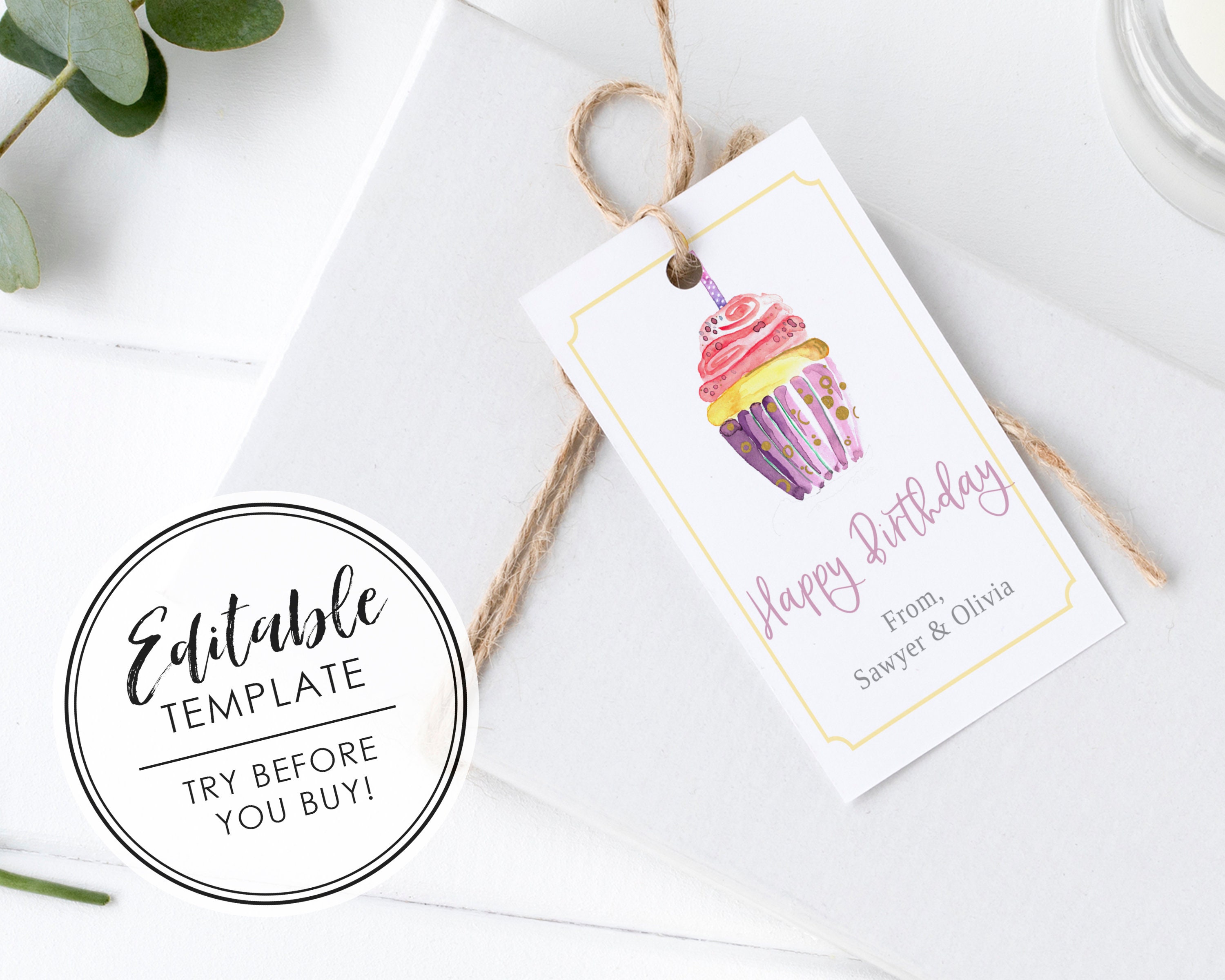 Watercolor Cupcake Birthday Printable Gift Tag EDITABLE - Etsy