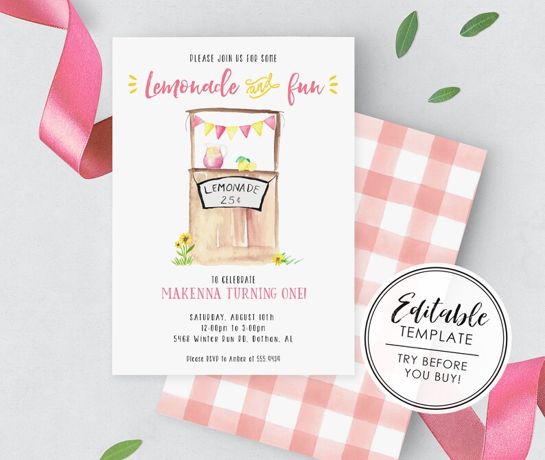 Lemonade Stand Watercolor Lemon Birthday Invitation - EDITABLE TEMPLATE ...