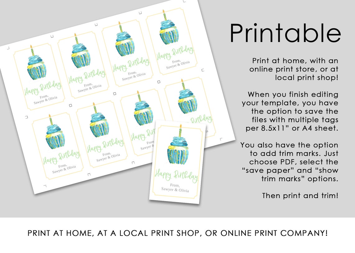 Watercolor Cupcake Birthday Printable Gift Tag EDITABLE | Etsy