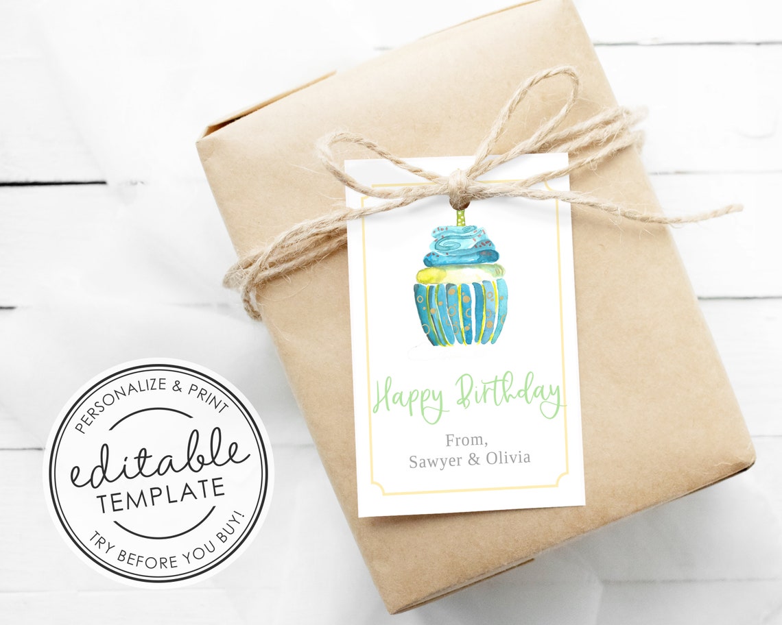 Watercolor Cupcake Birthday Printable Gift Tag EDITABLE | Etsy