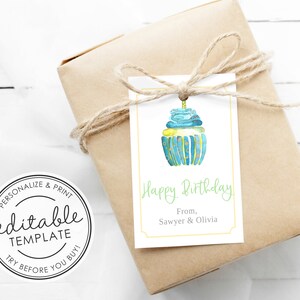 Watercolor Cupcake Birthday Printable Gift Tag - EDITABLE TEMPLATE - Etsy