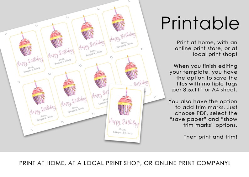 Watercolor Cupcake Birthday Printable Gift Tag EDITABLE - Etsy