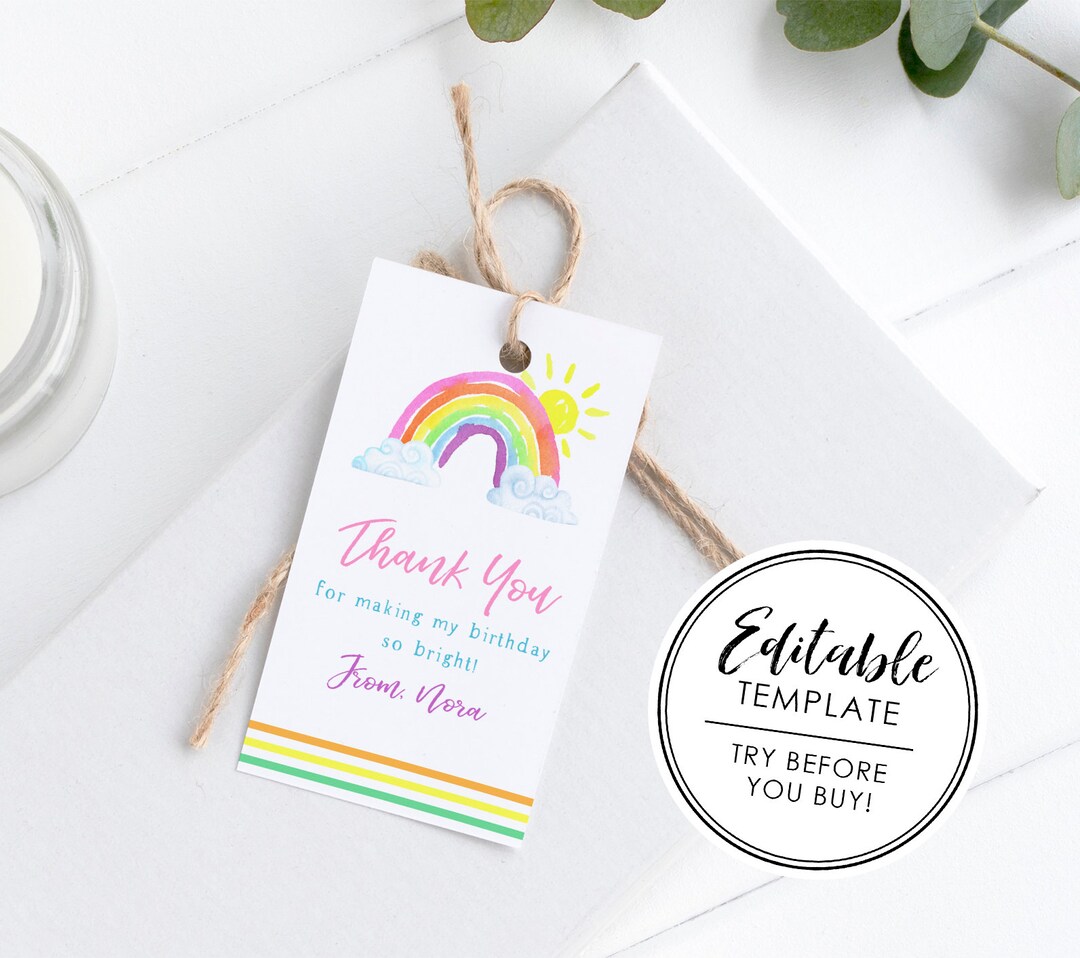 Printable Watercolor Rainbow Birthday Favor Gift Tag - EDITABLE ...