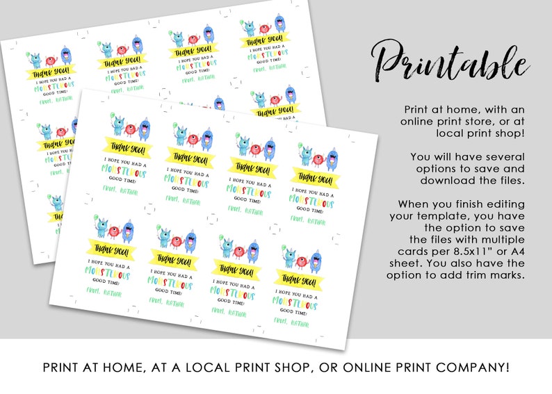 Printable Monster Birthday Favor Gift Tag EDITABLE TEMPLATE | Etsy