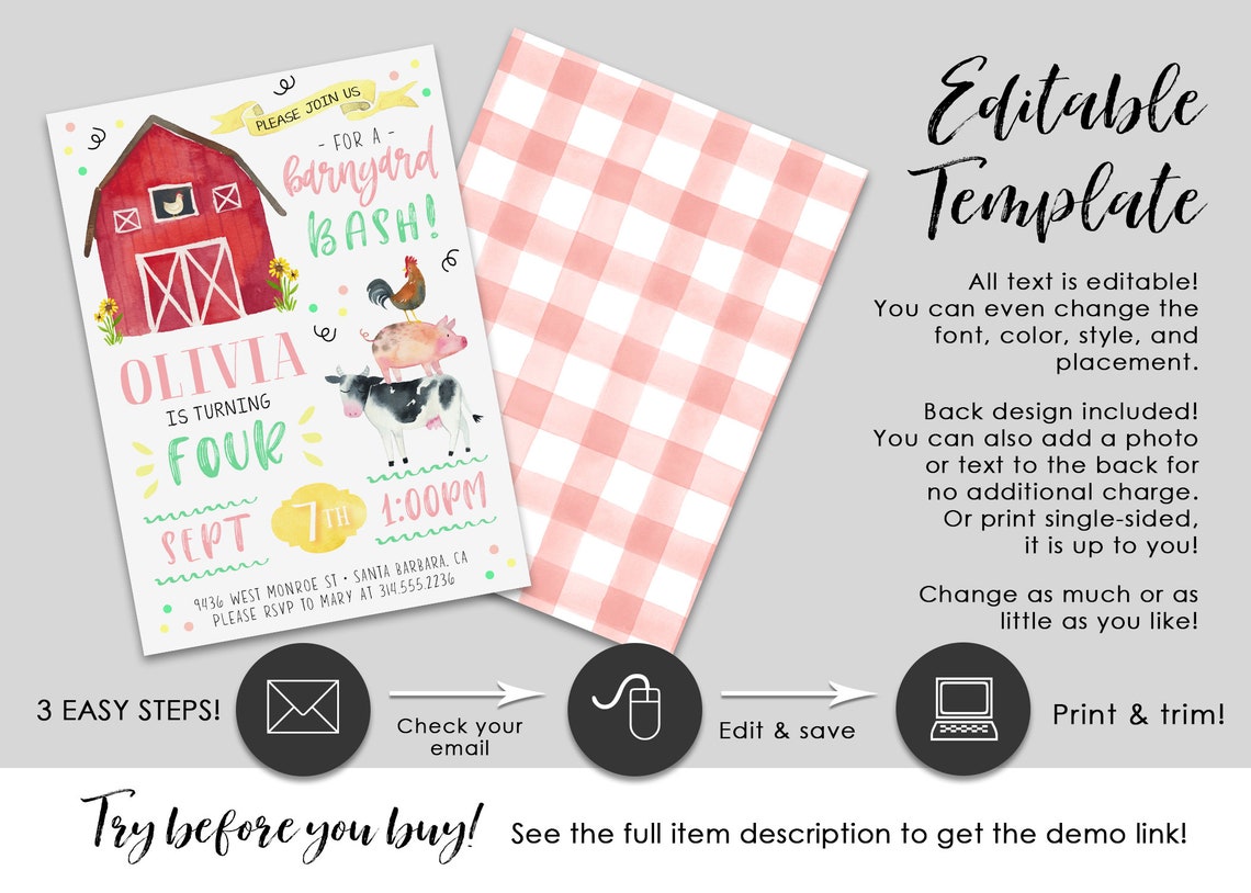 Watercolor Farm Birthday Invitation Printable EDITABLE | Etsy