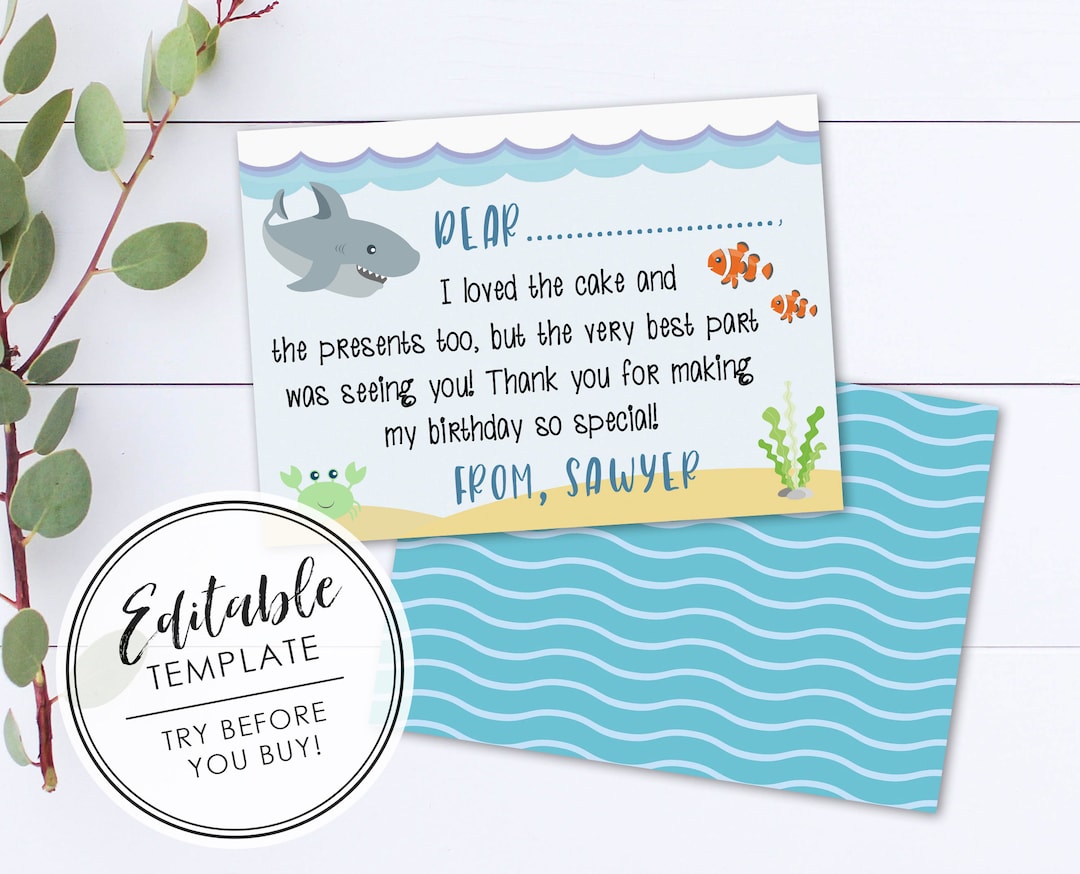 Under the Sea Shark Birthday Thank You Card - EDITABLE TEMPLATE - Etsy