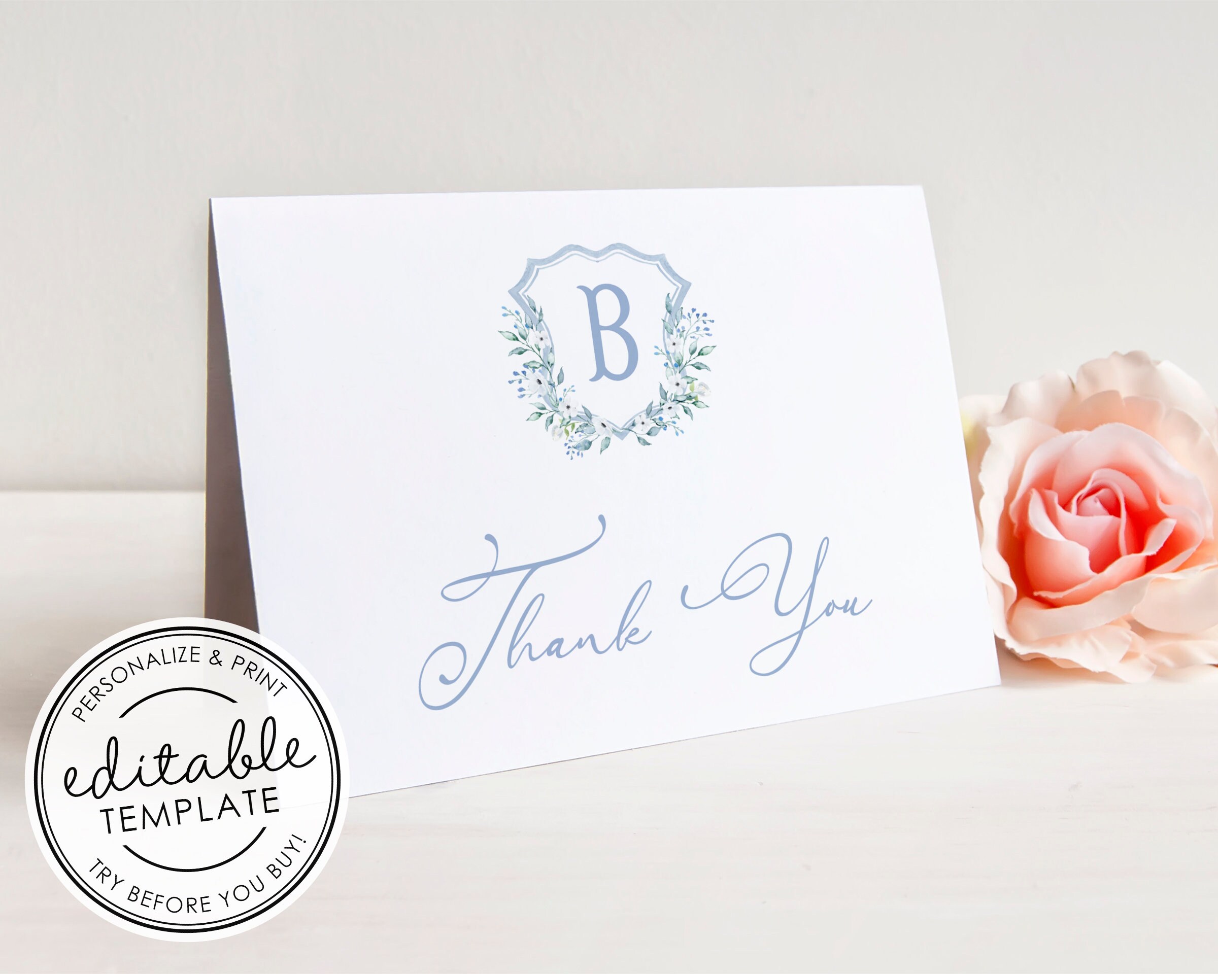 Monogram Crest With Gingham Thank You Card, Printable - EDITABLE ...