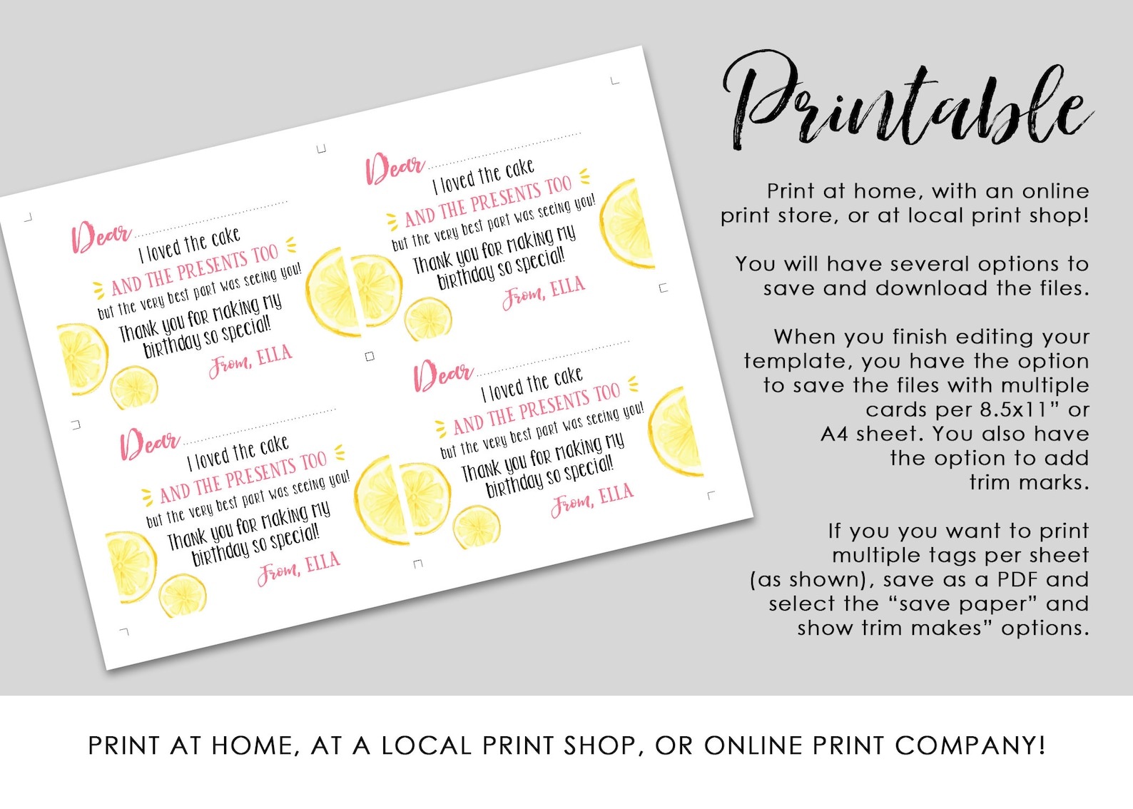 Lemonade Birthday Lemon Slice Thank You Card EDITABLE - Etsy