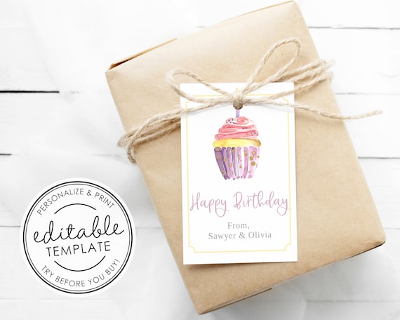 Watercolor Cupcake Birthday Printable Gift Tag EDITABLE - Etsy