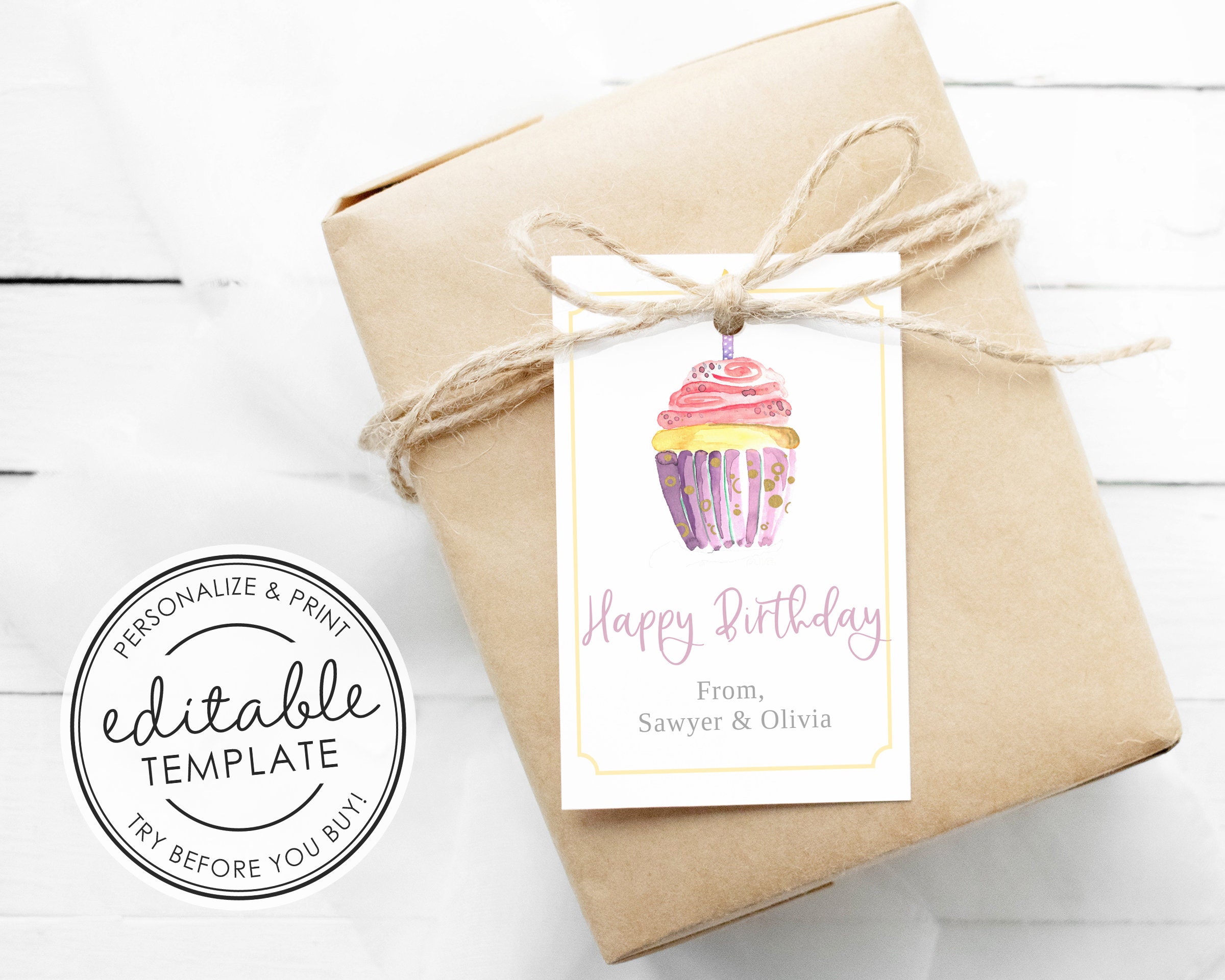 Watercolor Cupcake Birthday Printable Gift Tag EDITABLE - Etsy