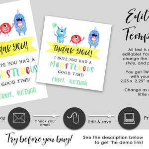 Printable Monster Birthday Favor Gift Tag - EDITABLE TEMPLATE - Etsy