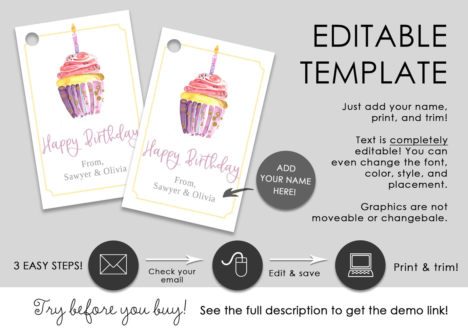 Watercolor Cupcake Birthday Printable Gift Tag EDITABLE - Etsy
