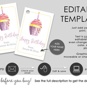 Watercolor Cupcake Birthday Printable Gift Tag EDITABLE TEMPLATE - Etsy