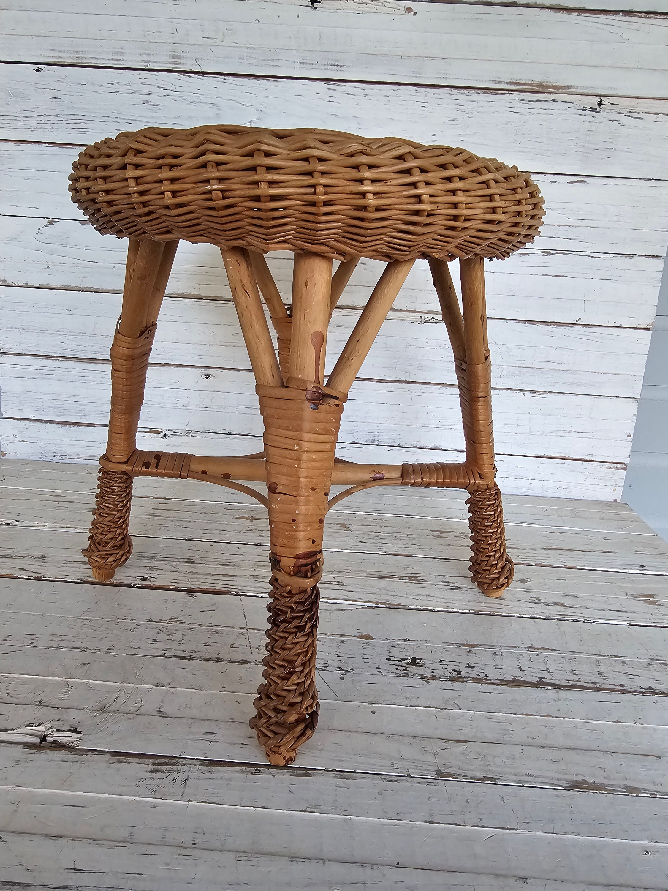 Vintage Boho MCM Wicker Rattan Foot Stool Table Plant Stand 13.5 Tall ...