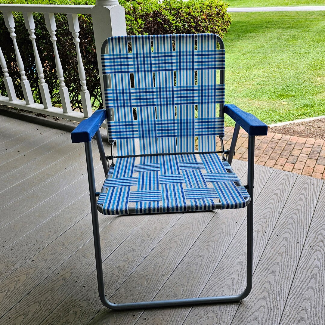 Vintage Blue Webbed Lawn Chair: Collapsible Aluminum Frame Garden Seat ...