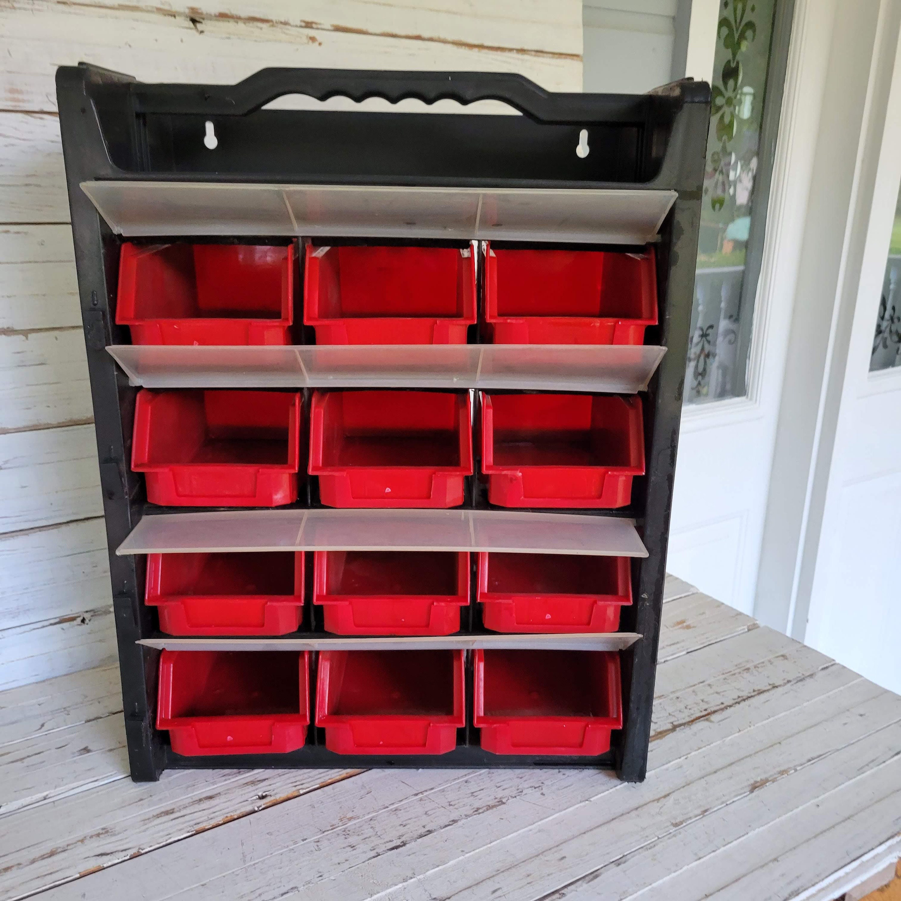 12 Bin Plastic Organizer Nails Small Items Red and Black Removable ...