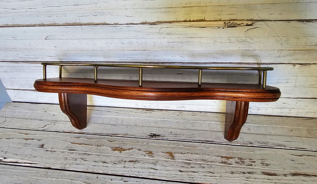 Vintage Wooden Shelf With Gold Rail Small Plate Shelf With Gold Railing ...