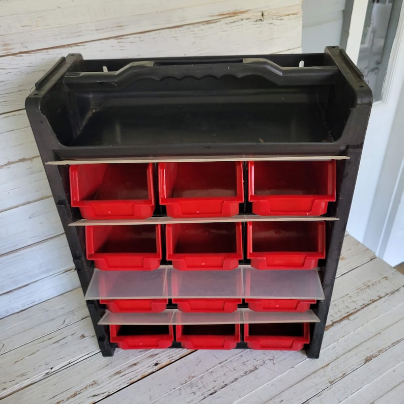12 Bin Plastic Organizer Nails Small Items Red and Black Removable ...