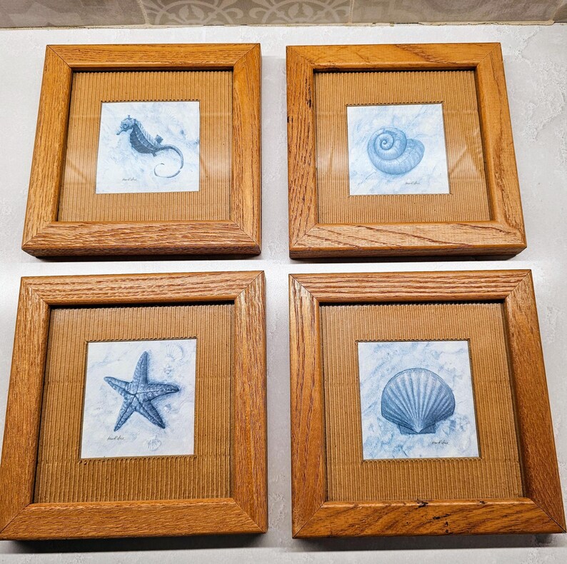 4 Vintage Beach Themed Wooden Framed Pictures Sea Shells Sea Horse ...