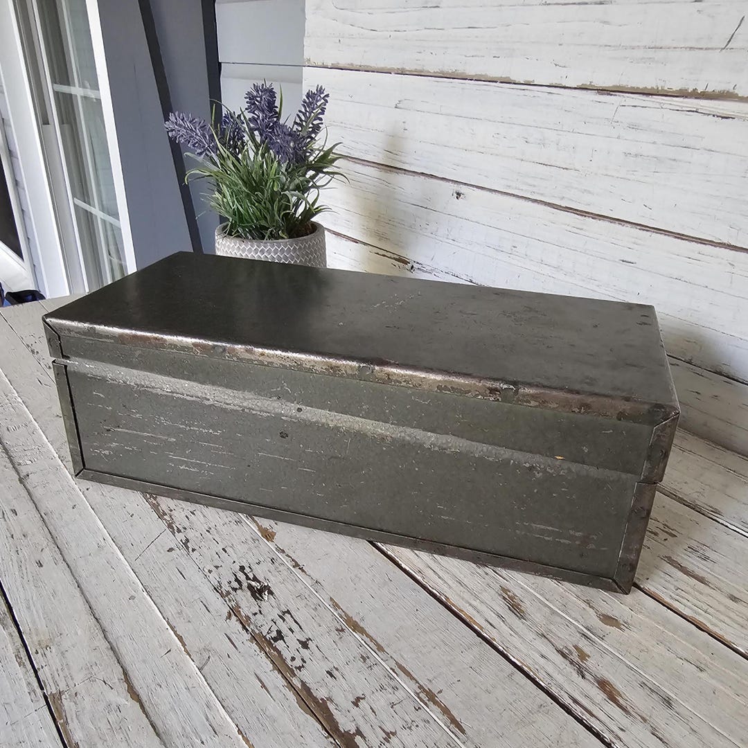 Long Green Metal Index Card File Box - Vintage Metal Tray - Metal ...
