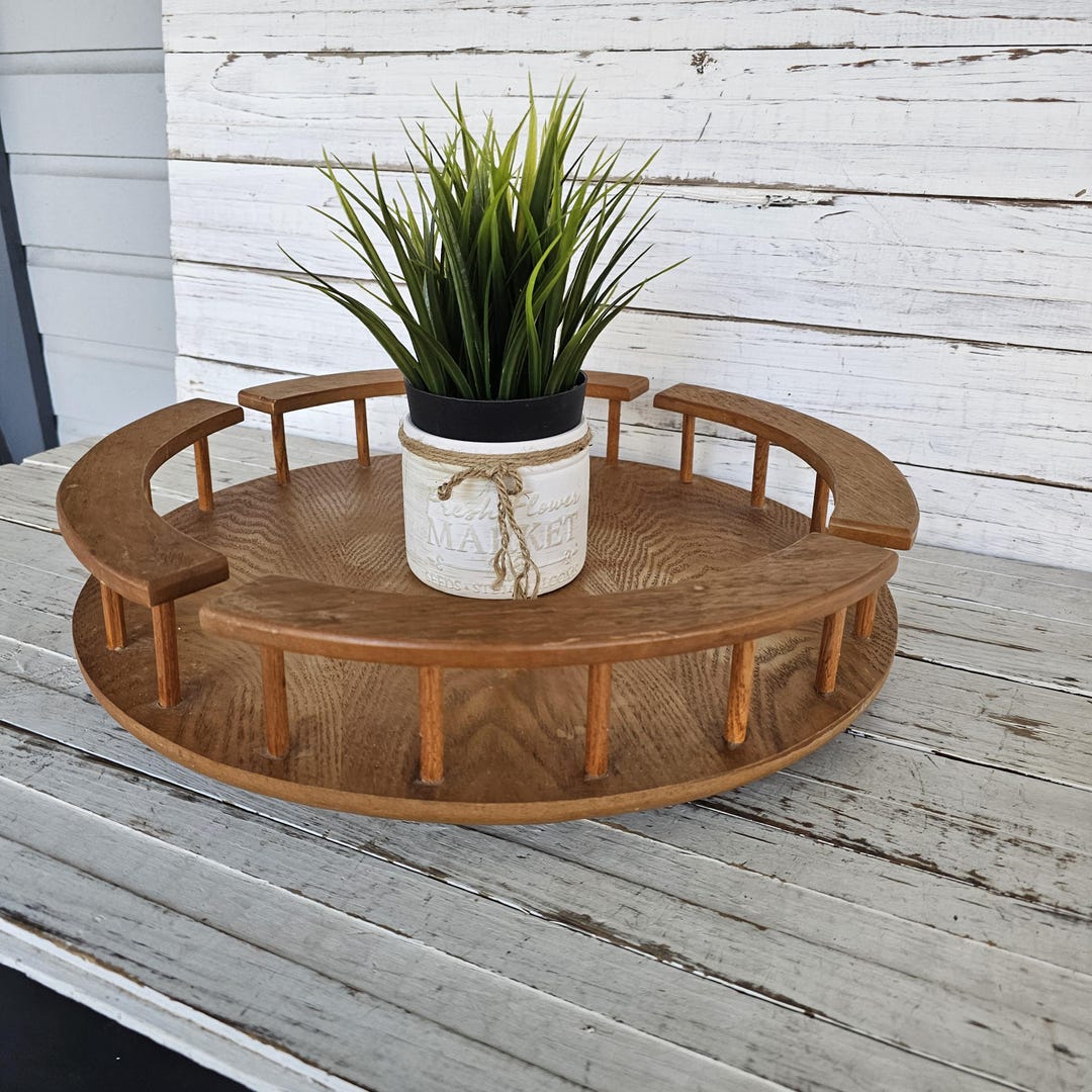 Vintage Large Wood Lazy Susan With Rails Centerpiece Decor Easily Spins ...