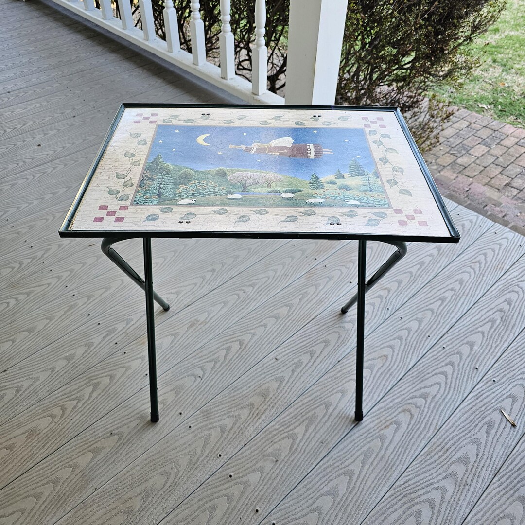 Vintage Metal Leg TV Tray - Wooden Tray With Metal Edge Angel Picture ...