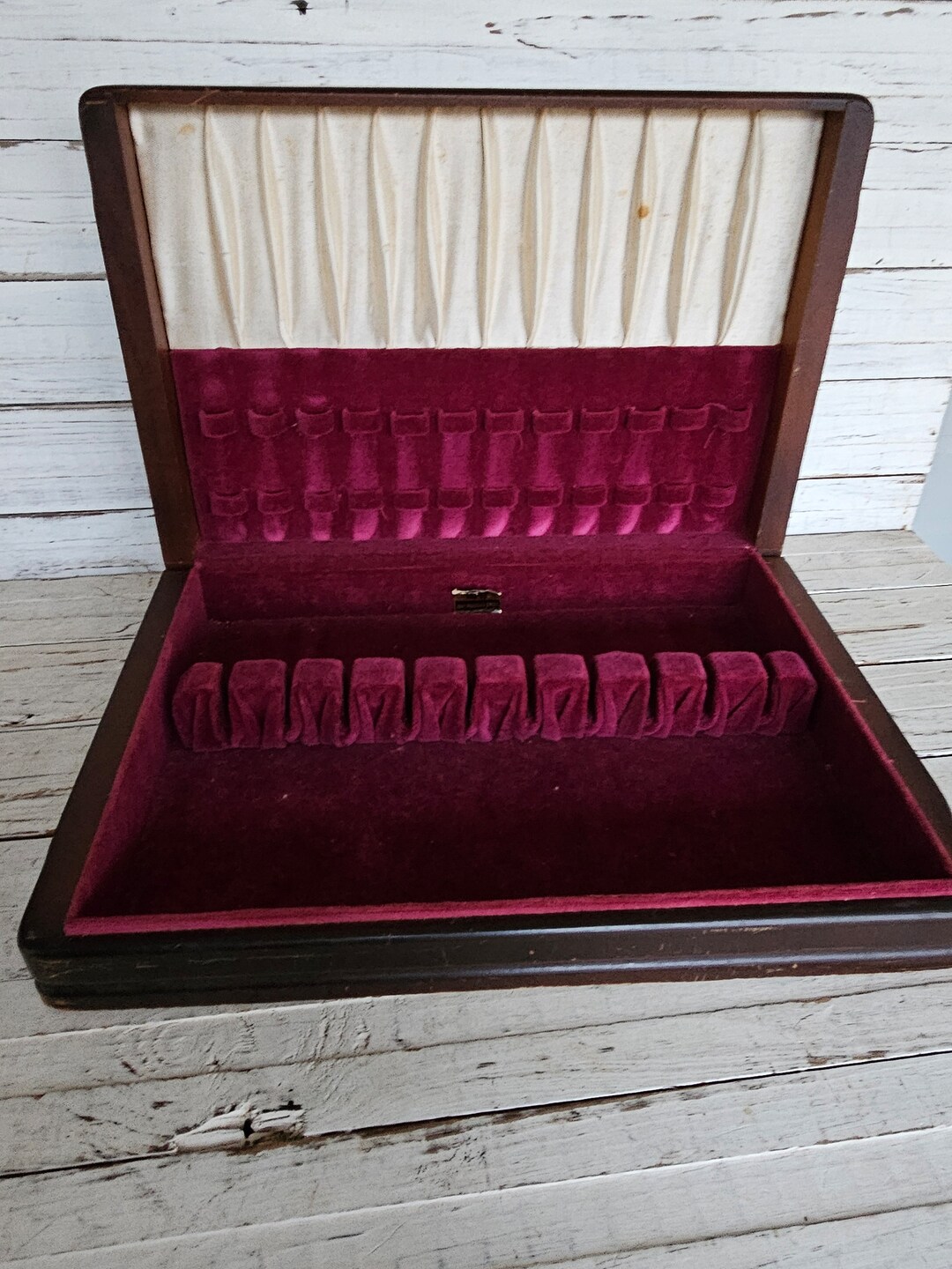 Vintage Wooden Flatware Box - Veneer is Split - Red Interior Flatware ...