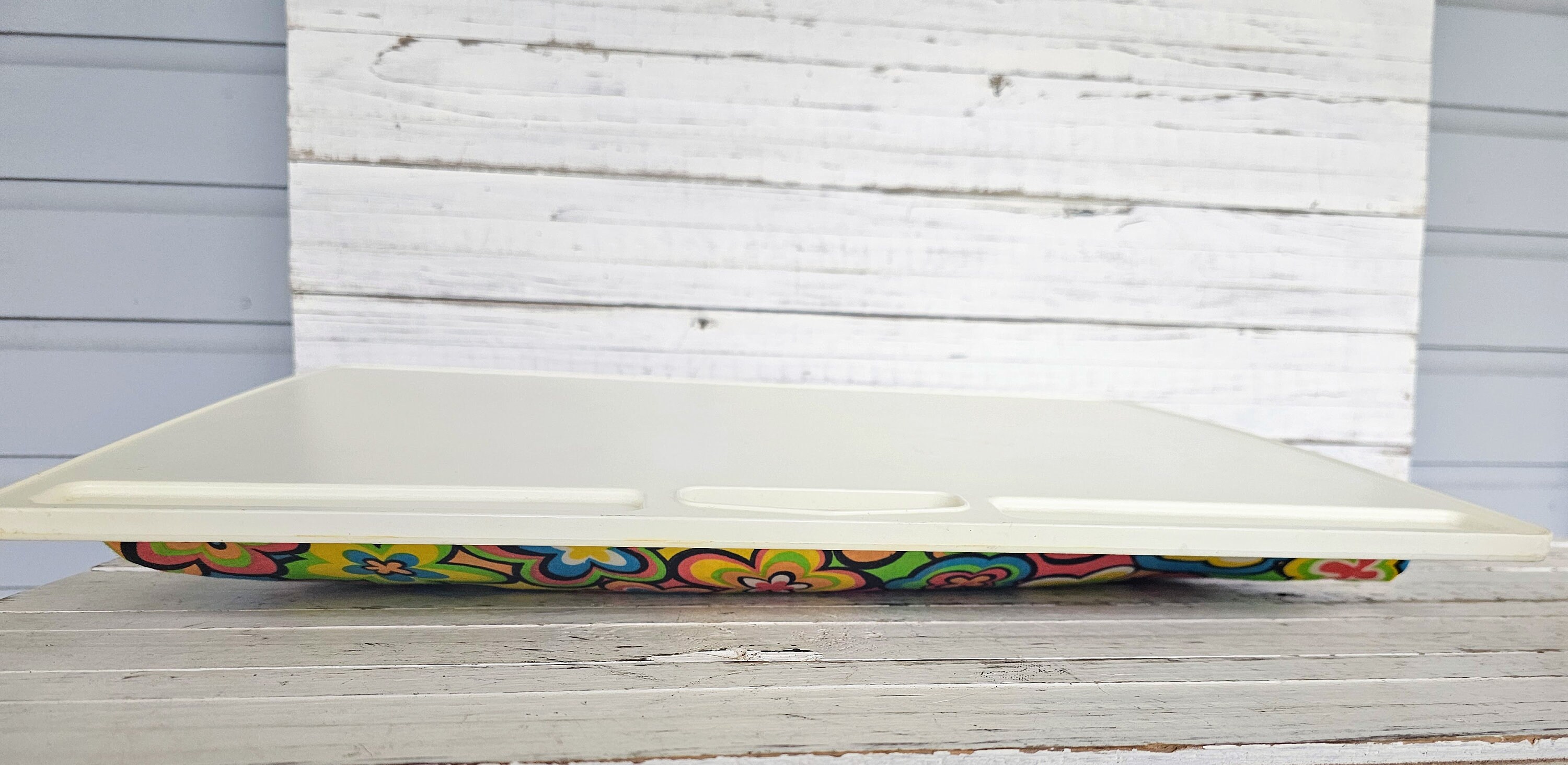 White Thick Plastic Tray With Bright Floral Cushion Portable Desk ...