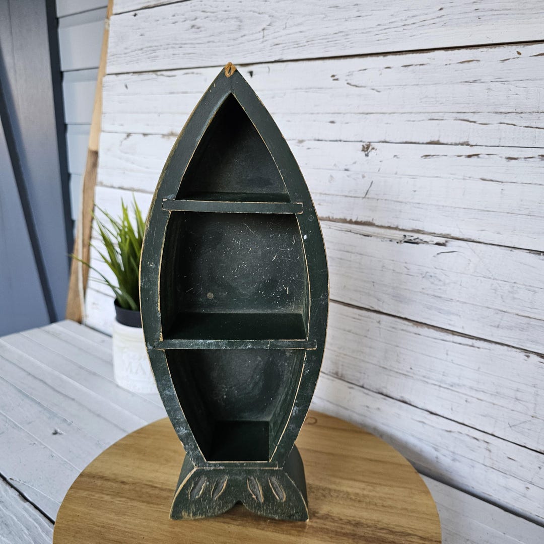 Green Canoe Display Shelf: Wooden Boat Shelf With 3 Small Shelves - Etsy