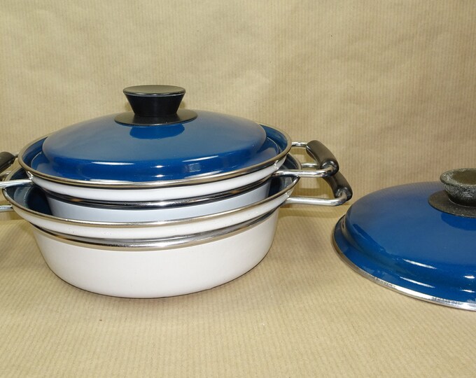 Thale Pot Set, Enamel Cooking Pots, White Blue, Clamp Cooking Pots, 50s ...