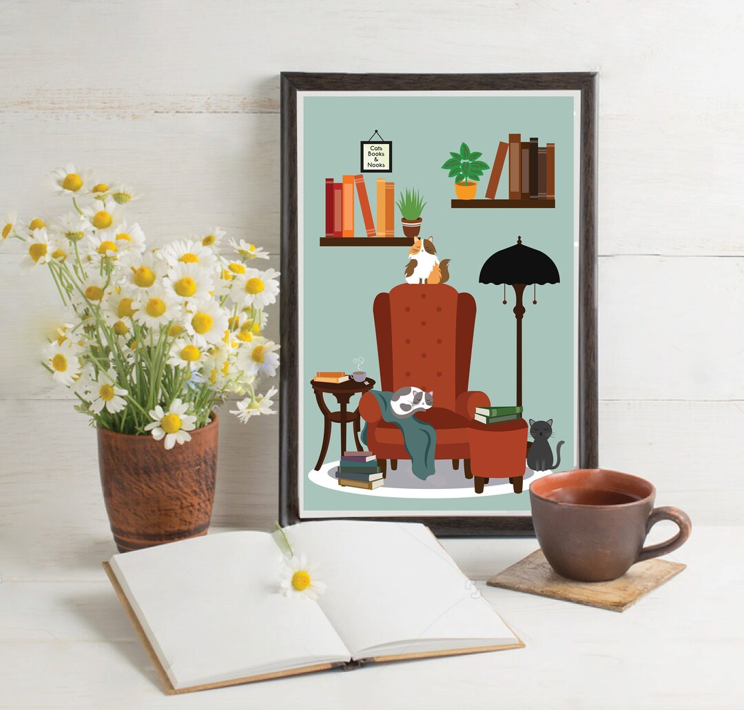 Cats, Books & Nooks Poster/print - Minimalist Books Cats Bibliophile ...