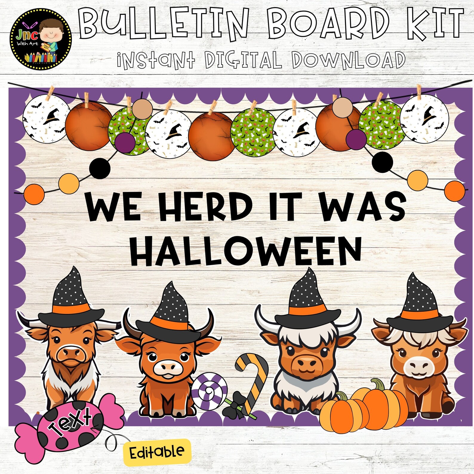 Halloween Highland Cow Bulletin Board Kit October Door Decor Editable ...