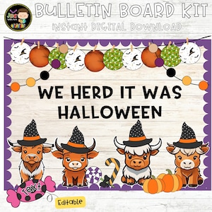Halloween Highland Cow Bulletin Board Kit October Door Decor Editable ...