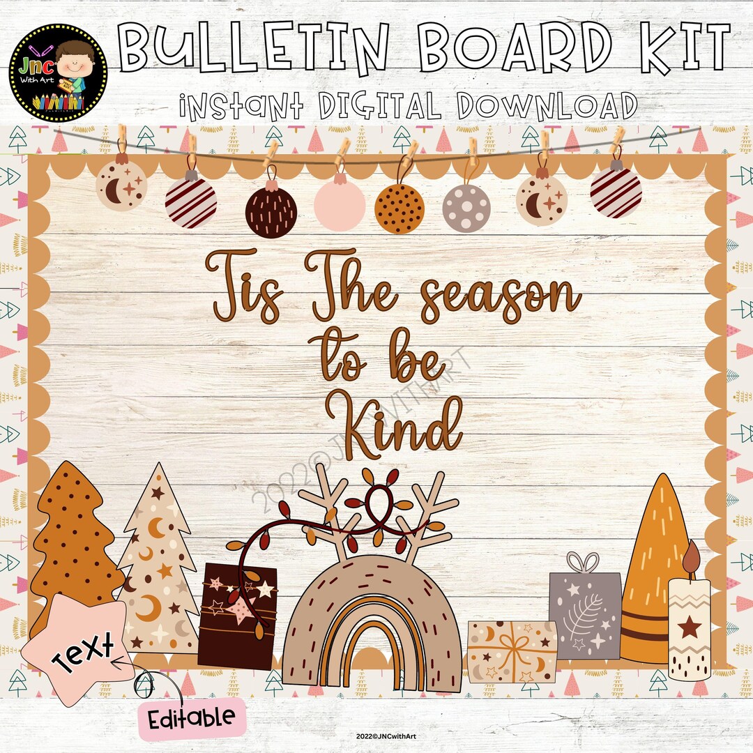 Christmas Boho Rainbow Bulletin Board Kit December Door Decor Editable ...