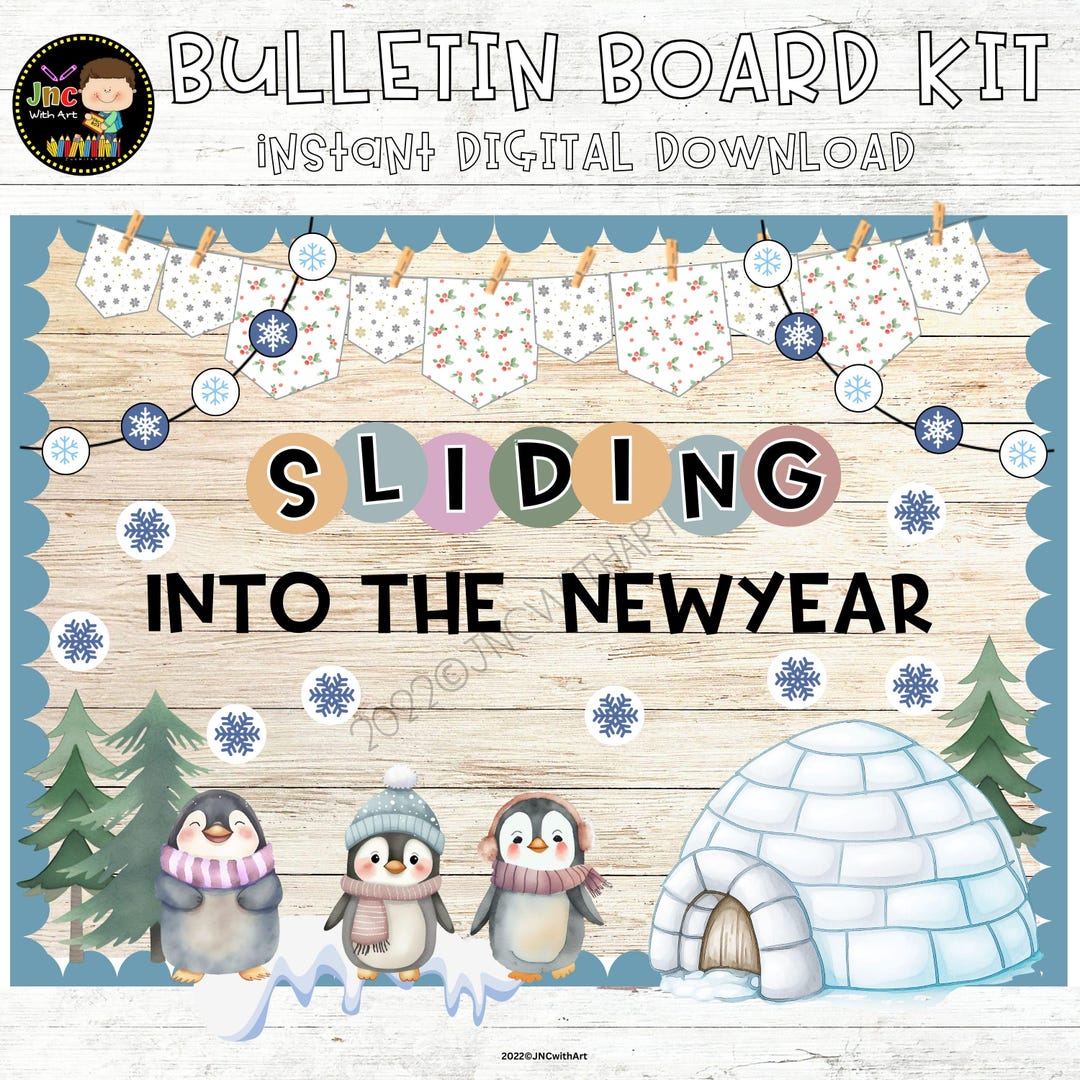 Cute Penguins January Bulletin Board Kit New Year Door Decor Editable ...