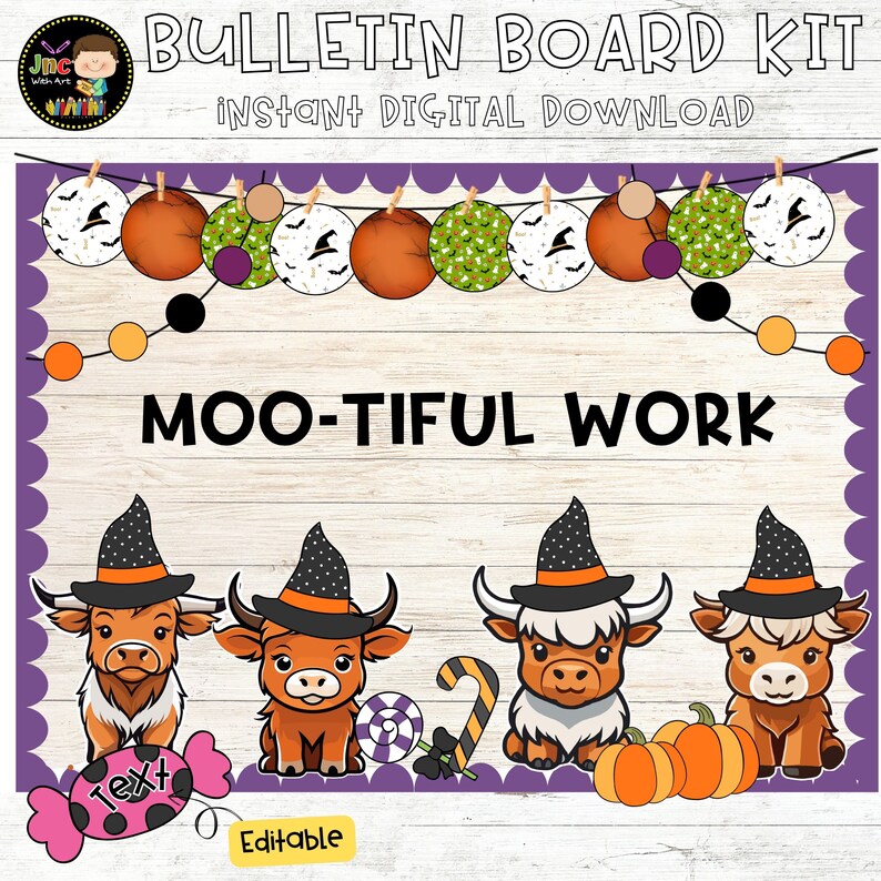 Halloween Highland Cow Bulletin Board Kit October Door Decor Editable ...