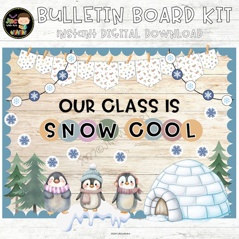 Cute Penguins January Bulletin Board Kit New Year Door Decor Editable ...