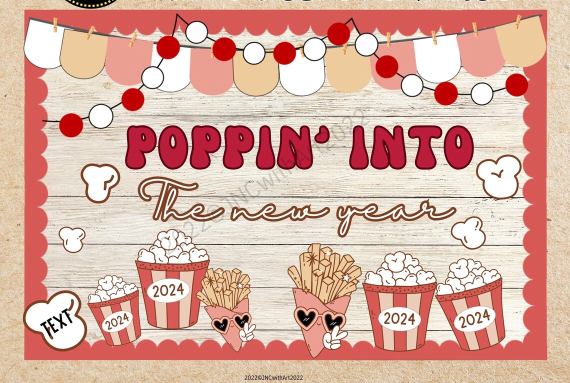 New Year Bulletin Board Kit, Popcorn Door Decoration, January, Editable ...