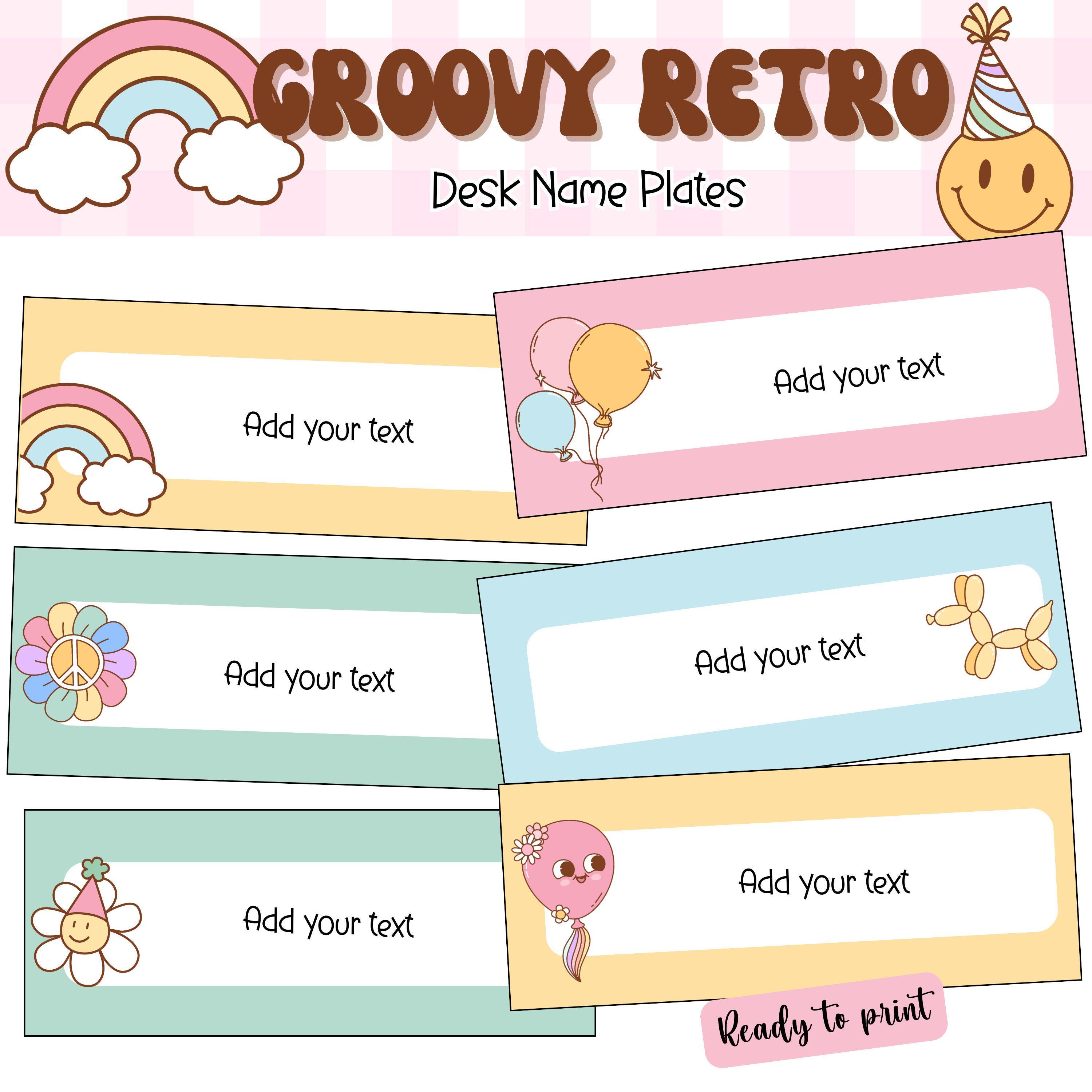 Ediatable Desk Name Plates Groovy Retro Pastel Themed, Name Tags - Etsy