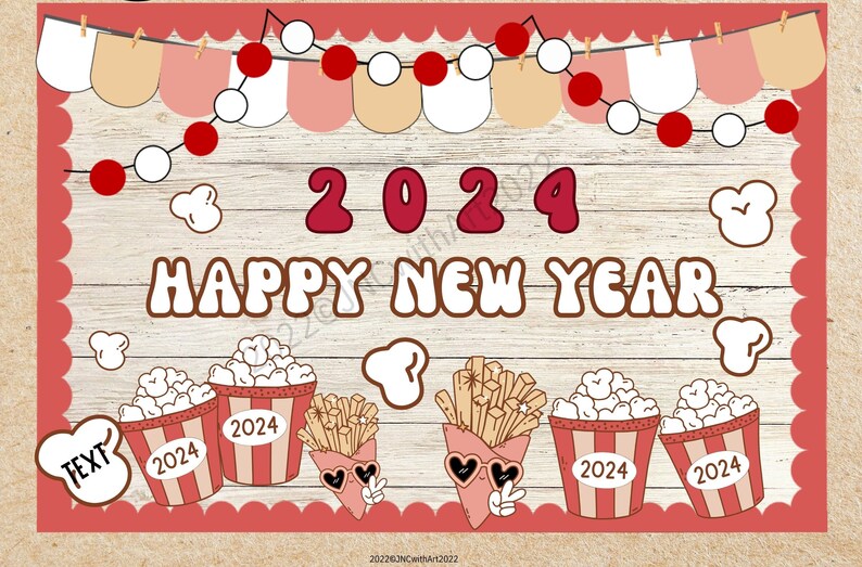 New Year Bulletin Board Kit, Popcorn Door Decoration, January, Editable ...
