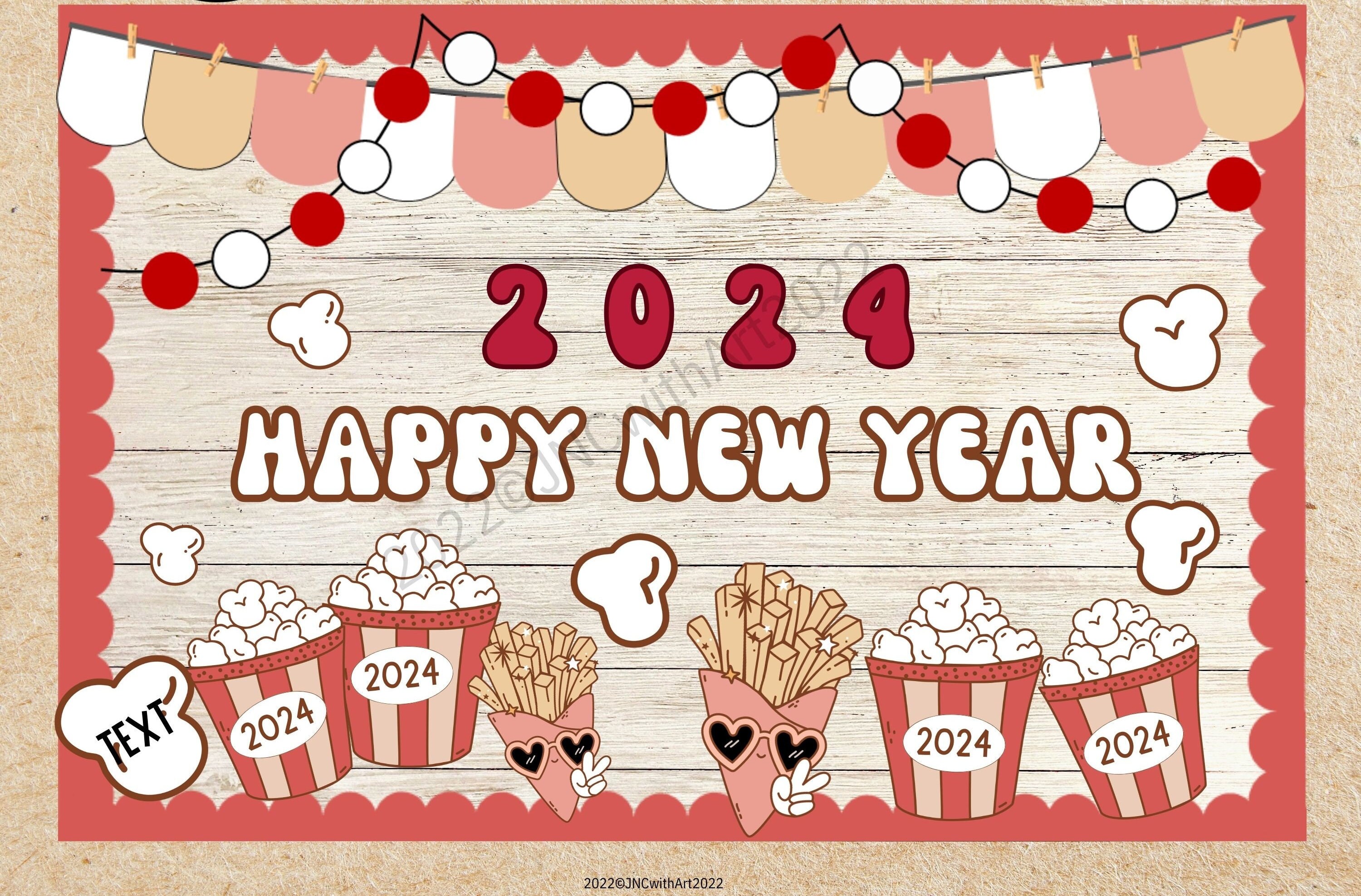 New Year Bulletin Board Kit, Popcorn Door Decoration, January, Editable ...