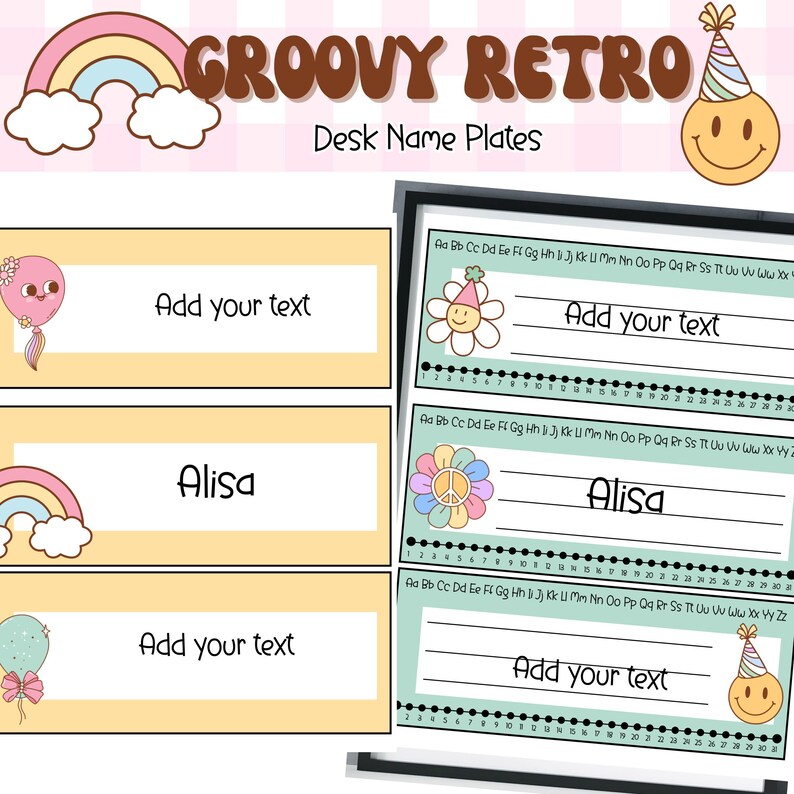 Ediatable Desk Name Plates Groovy Retro Pastel Themed, Name Tags - Etsy