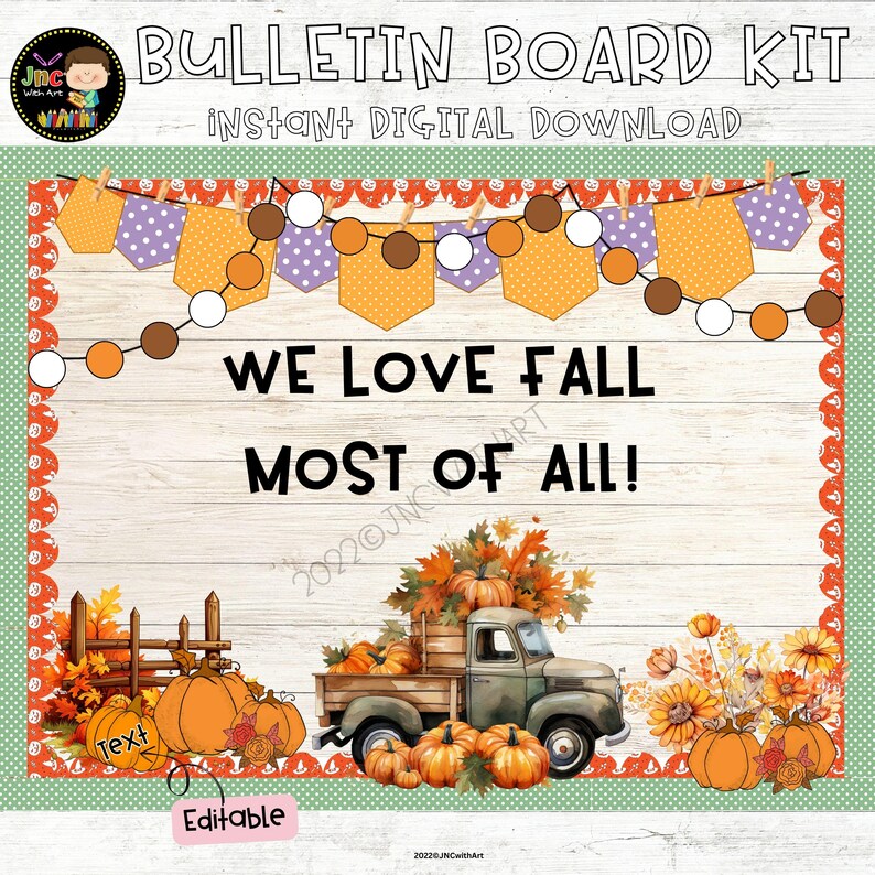 Fall Floral Truck Bulletin Board Kit Door Decor Editable - Etsy