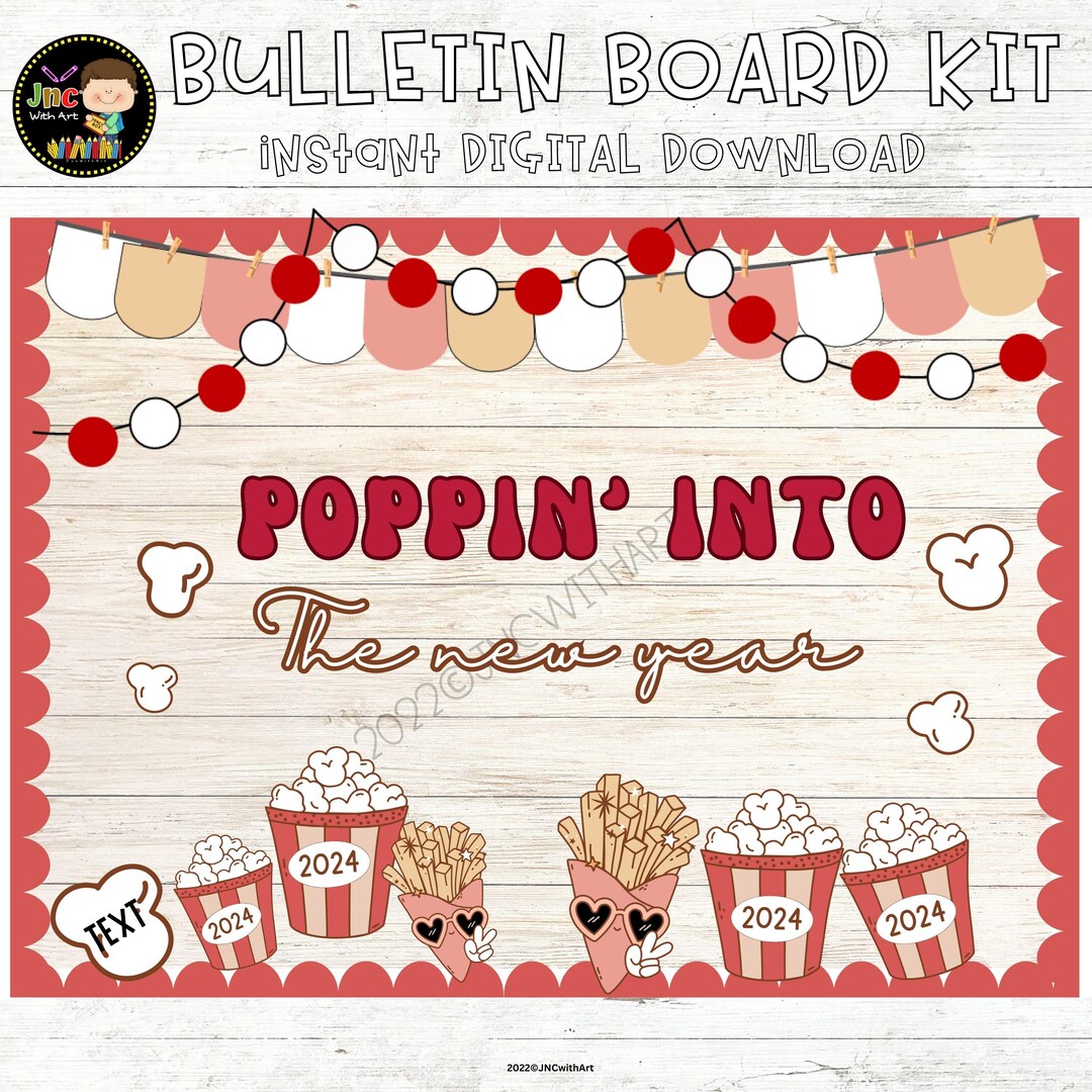 New Year Bulletin Board Kit, Popcorn Door Decoration, January, Editable ...