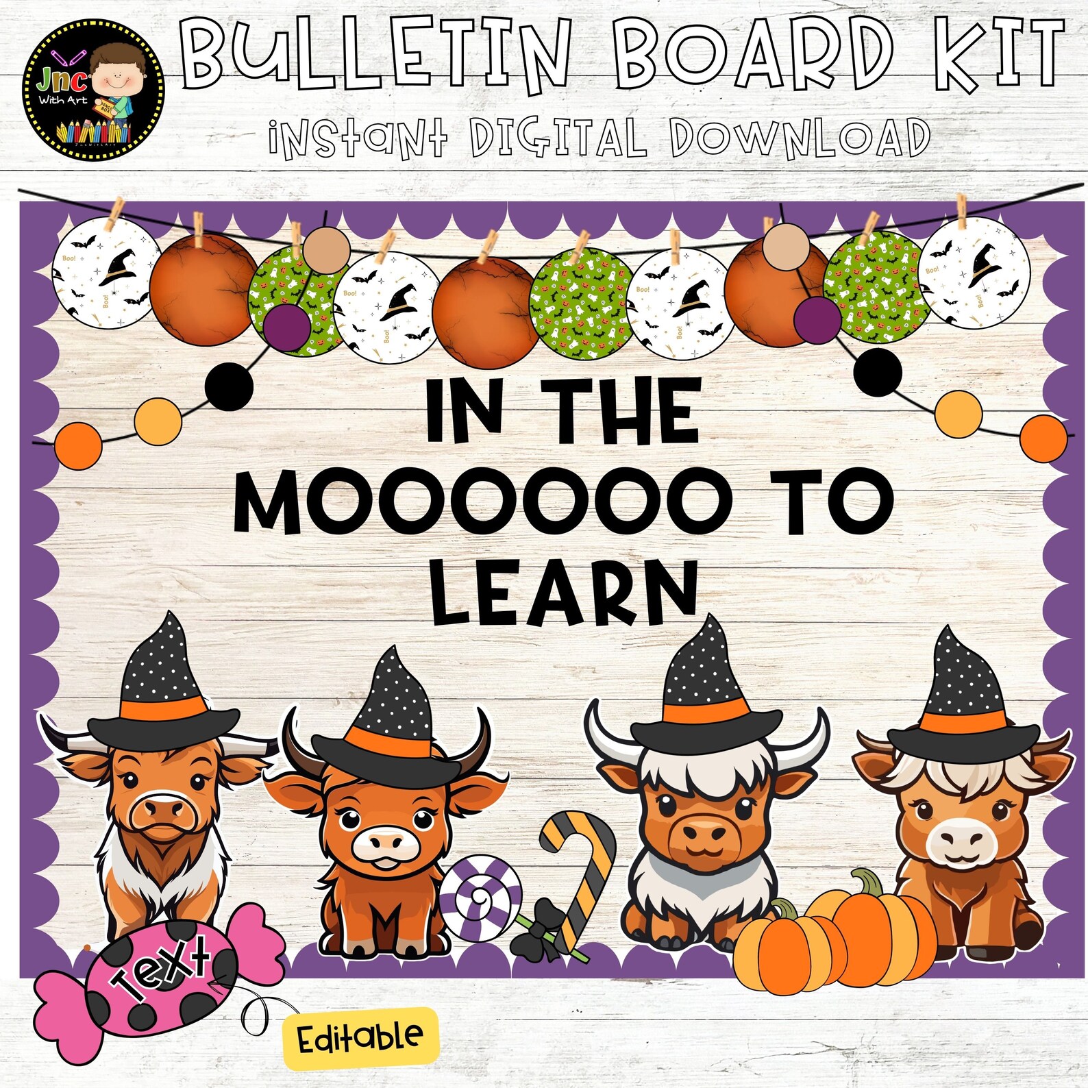 Halloween Highland Cow Bulletin Board Kit October Door Decor Editable ...