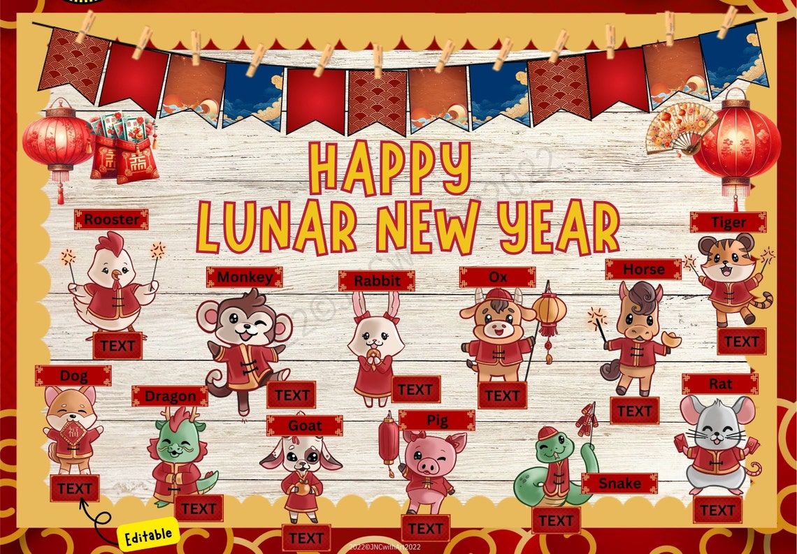 Lunar New Year Bulletin Board, Door Decor,12 Chinese Zodiac Animals ...